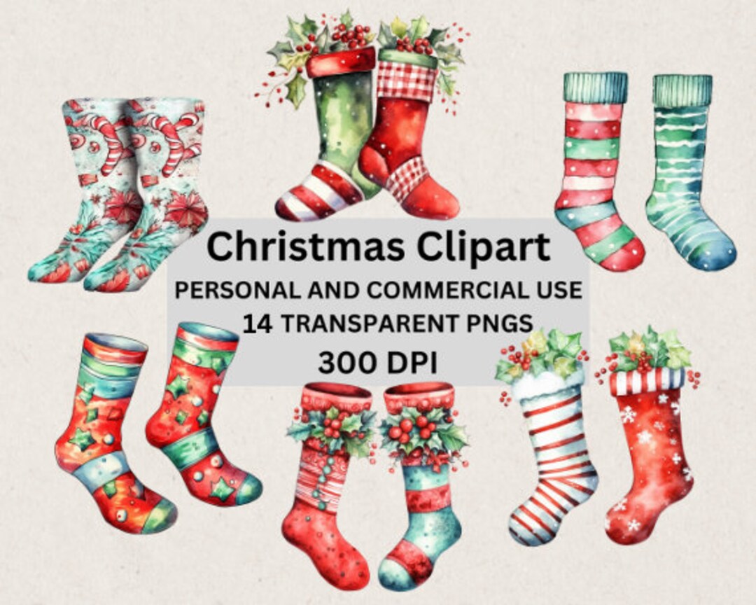 14 Christmas Stocking Clipart, Christmas Clipart, Watercolor Clipart ...