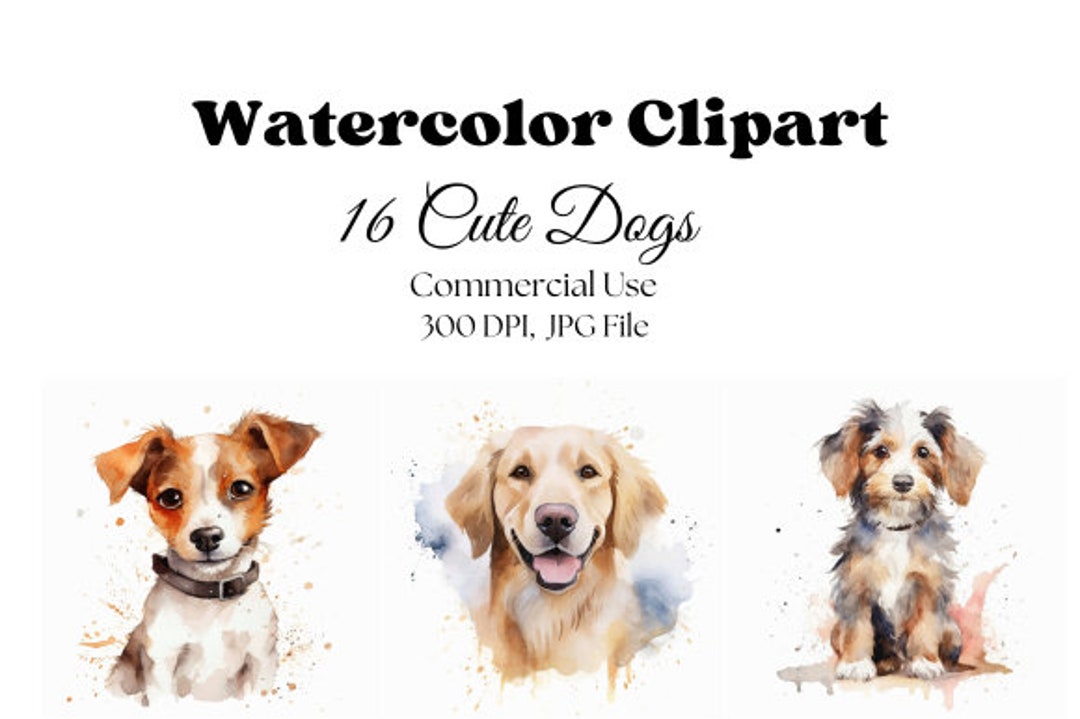 16 Watercolor Cute Dogs Clipart, Personal and Commercial Use, JPG File ...