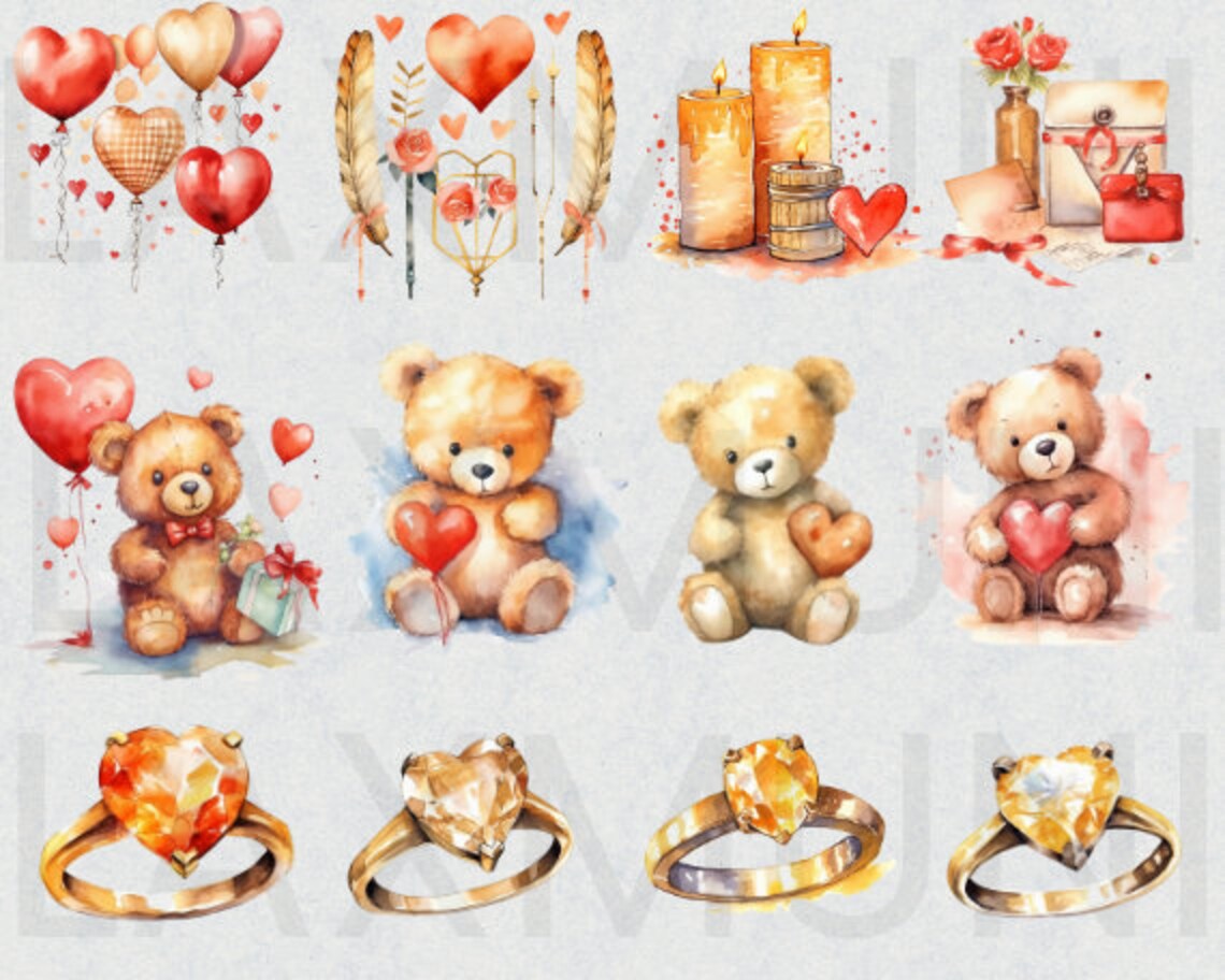 50 Valentine's Day Clipart, Watercolor Clipart Transparent Background ...