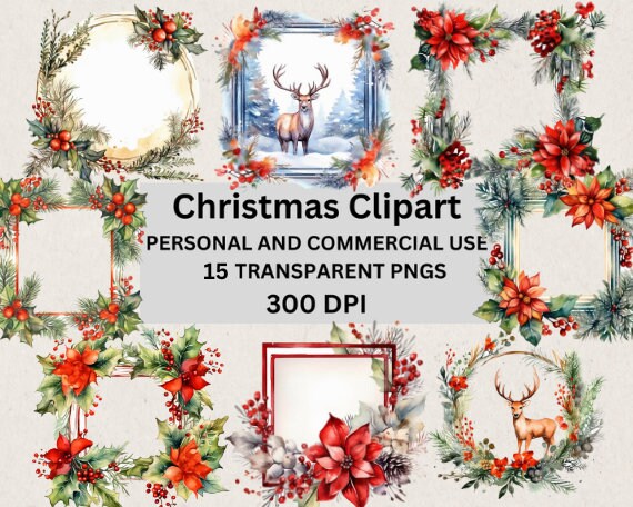 15 Christmas Frame Clipart, Frame Clipart, Watercolor Clipart, Holiday ...