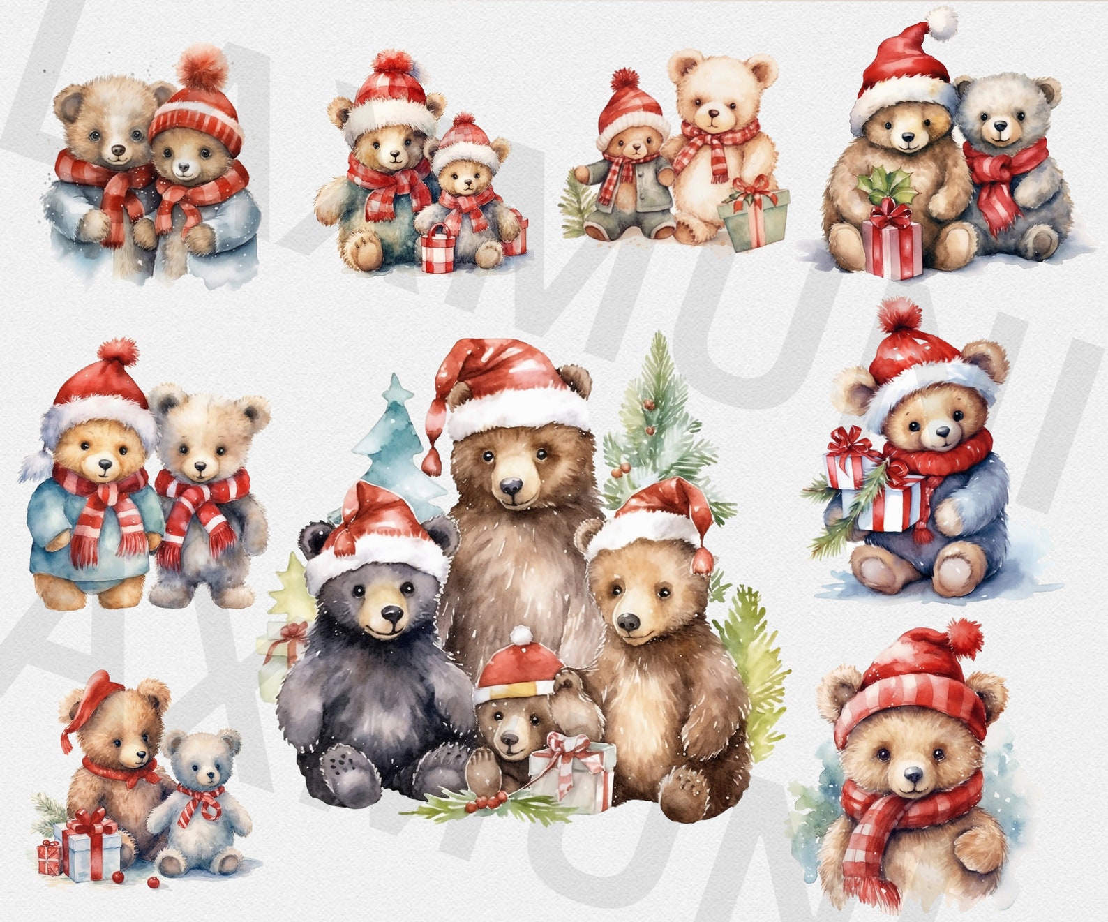15 Christmas Clipart, Bear Clipart, Watercolor Clipart, Holiday Clipart ...
