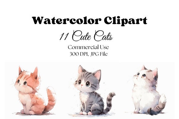 11 Watercolor Cute Cats Clipart, Personal and Commercial Use, JPG File ...