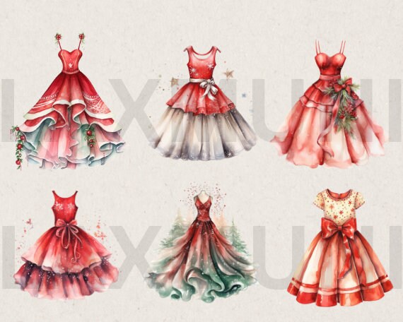 15 Christmas Dresses Clipart, Dress Clipart, Watercolor Clipart ...