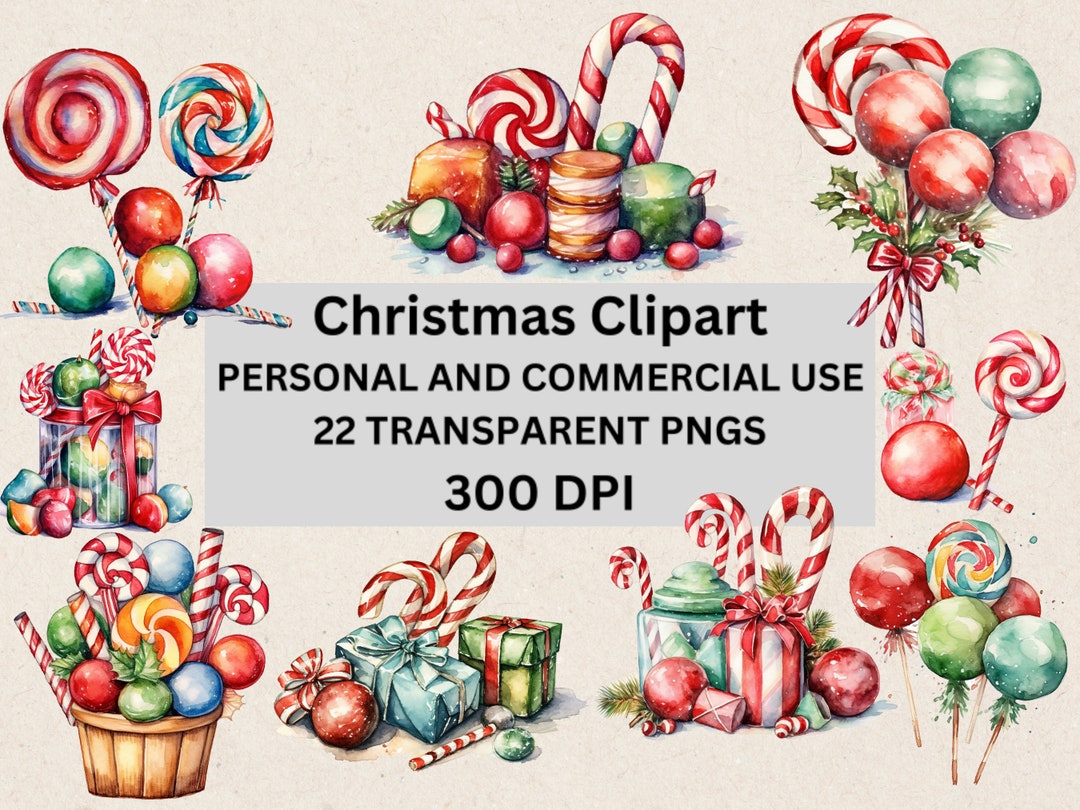 22 Christmas Clipart, Candies Clipart, Watercolor Clipart, Holiday ...