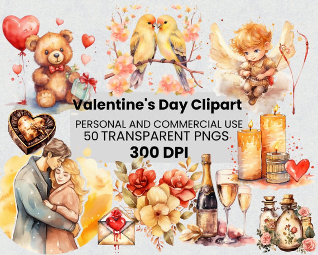 50 Valentine's Day Clipart, Watercolor Clipart Transparent Background ...
