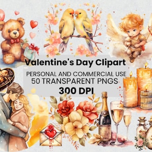 50 Valentine's Day Clipart, Watercolor Clipart Transparent Background ...