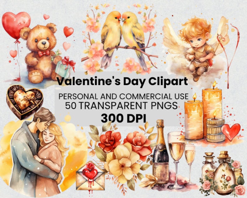 50 Valentine's Day Clipart, Watercolor Clipart Transparent Background ...