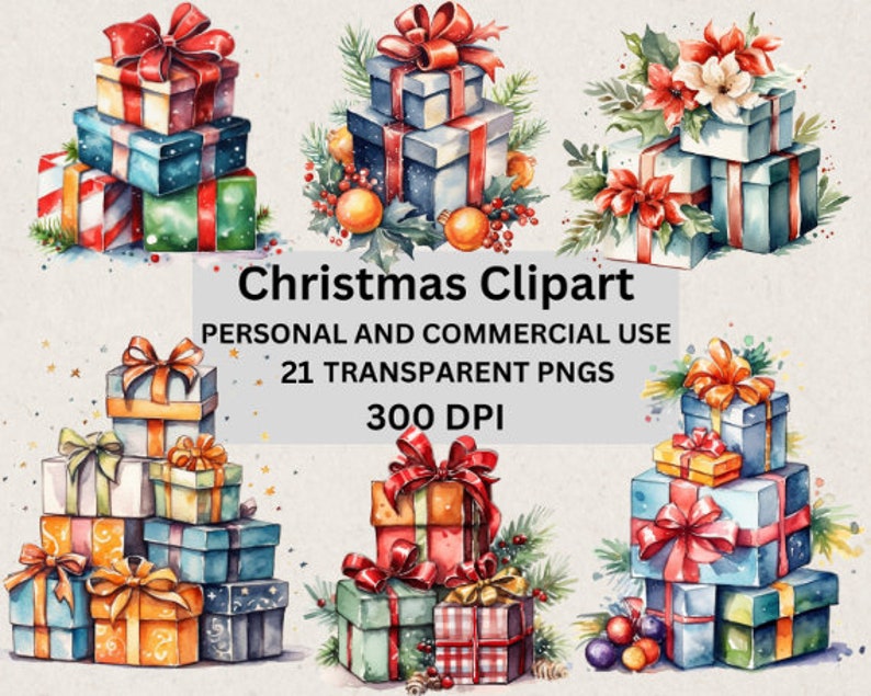 21 Christmas Gifts Clipart, Gifts Clipart, Watercolor Clipart, Holiday ...