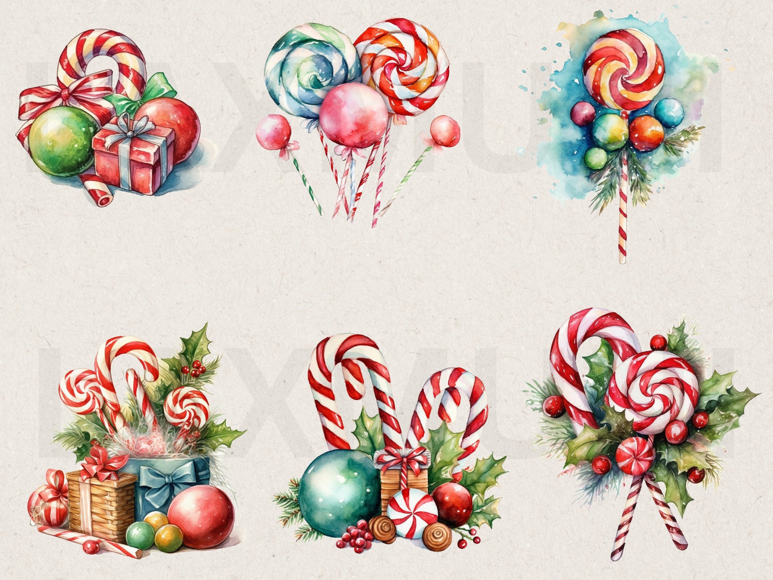 22 Christmas Clipart, Candies Clipart, Watercolor Clipart, Holiday ...