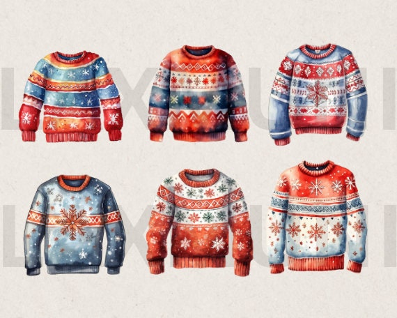 11 Christmas Sweaters Clipart, Clip Art, Watercolor Clipart, Holiday ...