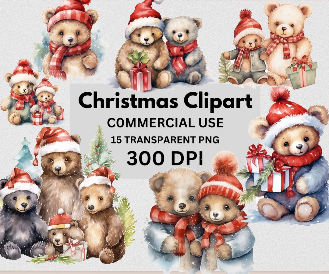 15 Christmas Clipart, Bear Clipart, Watercolor Clipart, Holiday Clipart ...