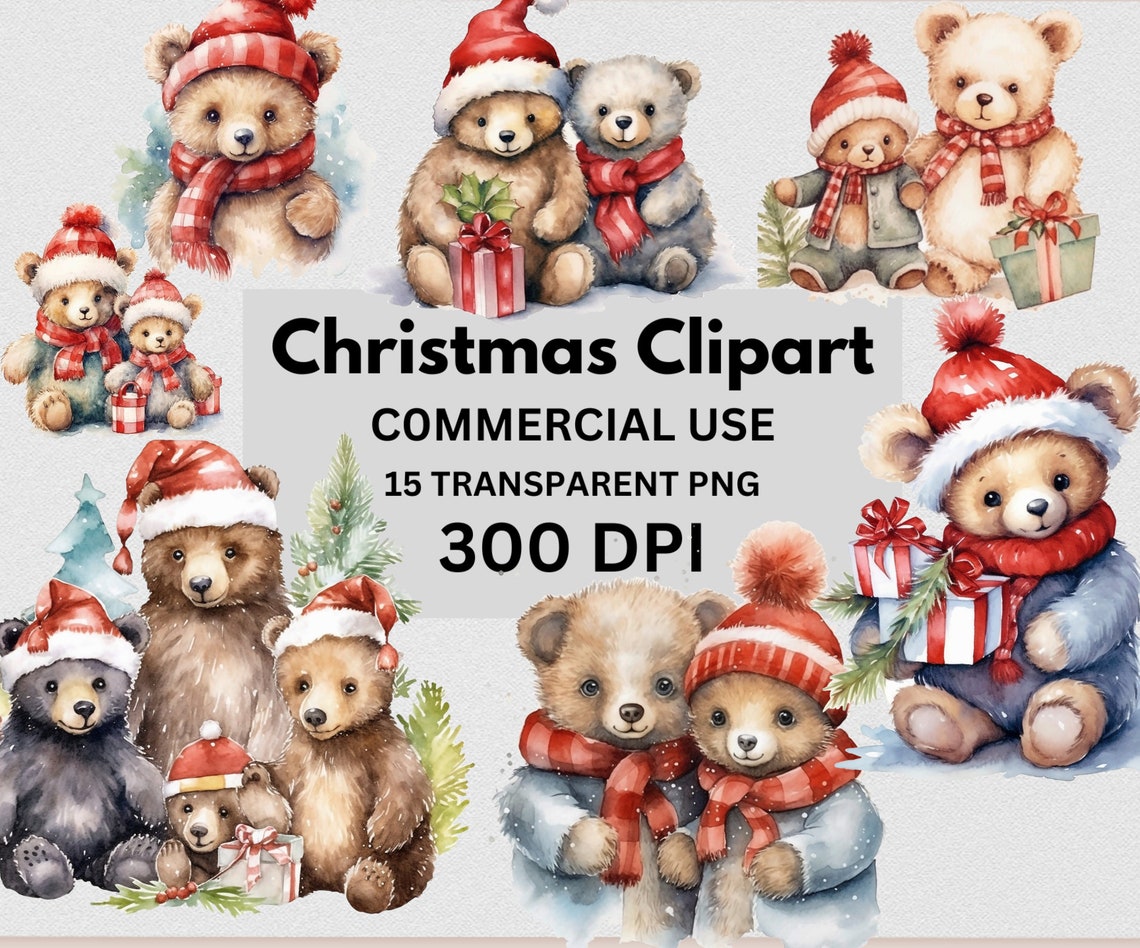 15 Christmas Clipart Bear Clipart Watercolor Clipart - Etsy