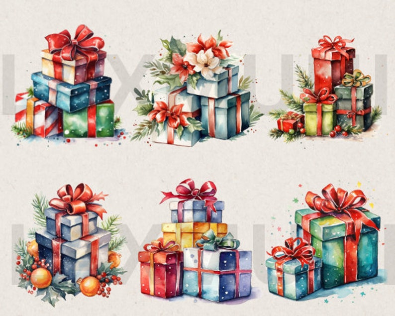 21 Christmas Gifts Clipart, Gifts Clipart, Watercolor Clipart, Holiday ...