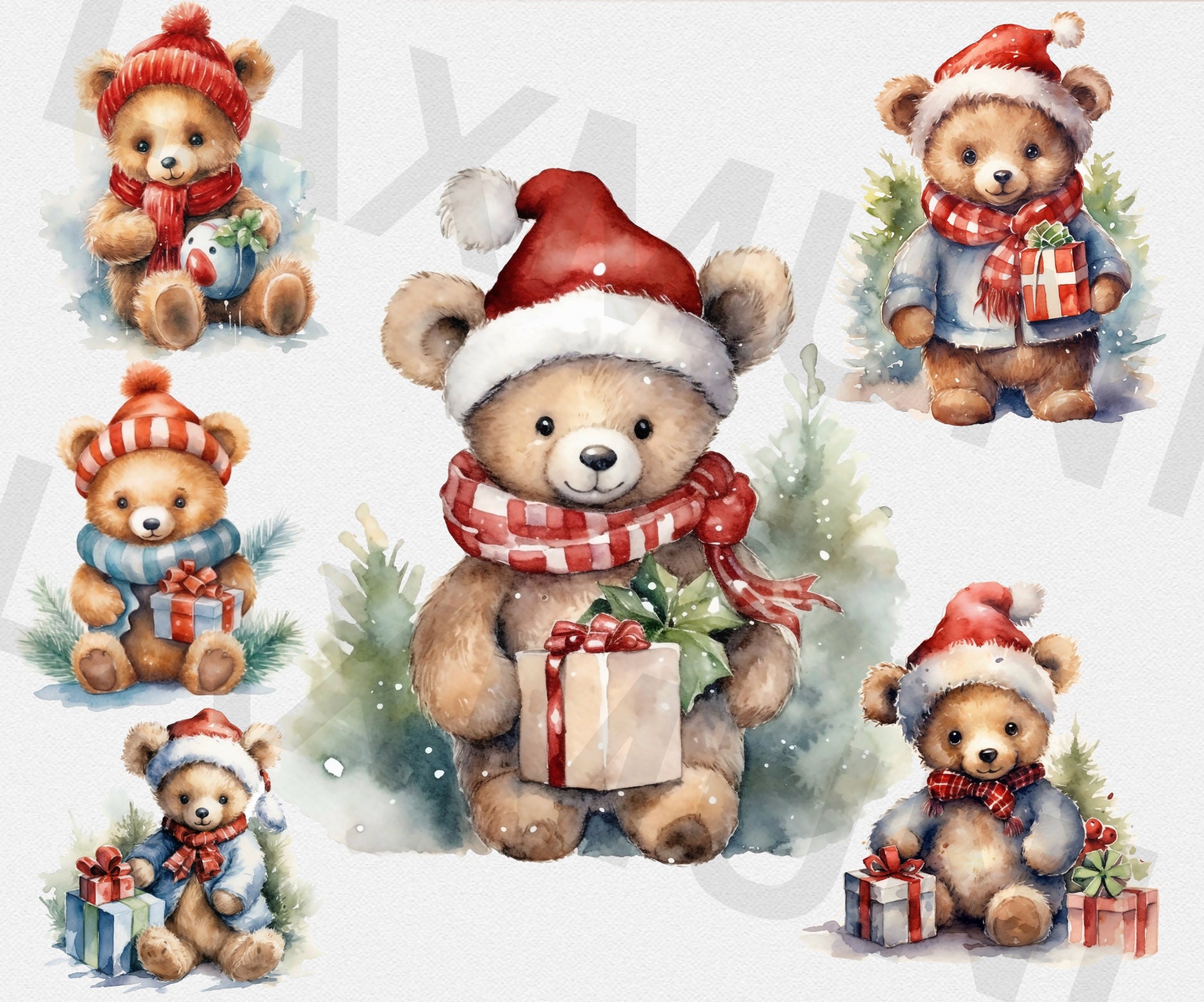 15 Christmas Clipart, Bear Clipart, Watercolor Clipart, Holiday Clipart ...