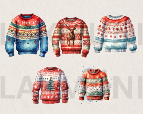 11 Christmas Sweaters Clipart, Clip Art, Watercolor Clipart, Holiday ...