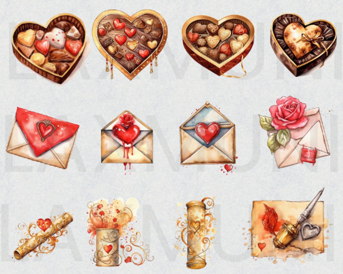 50 Valentine's Day Clipart, Watercolor Clipart Transparent Background ...