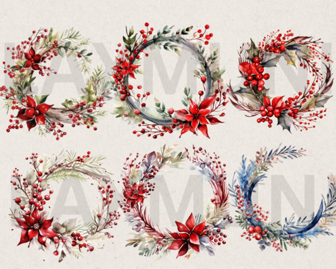 19 Christmas Wreaths Clipart, Wreath Clipart, Watercolor Clipart ...