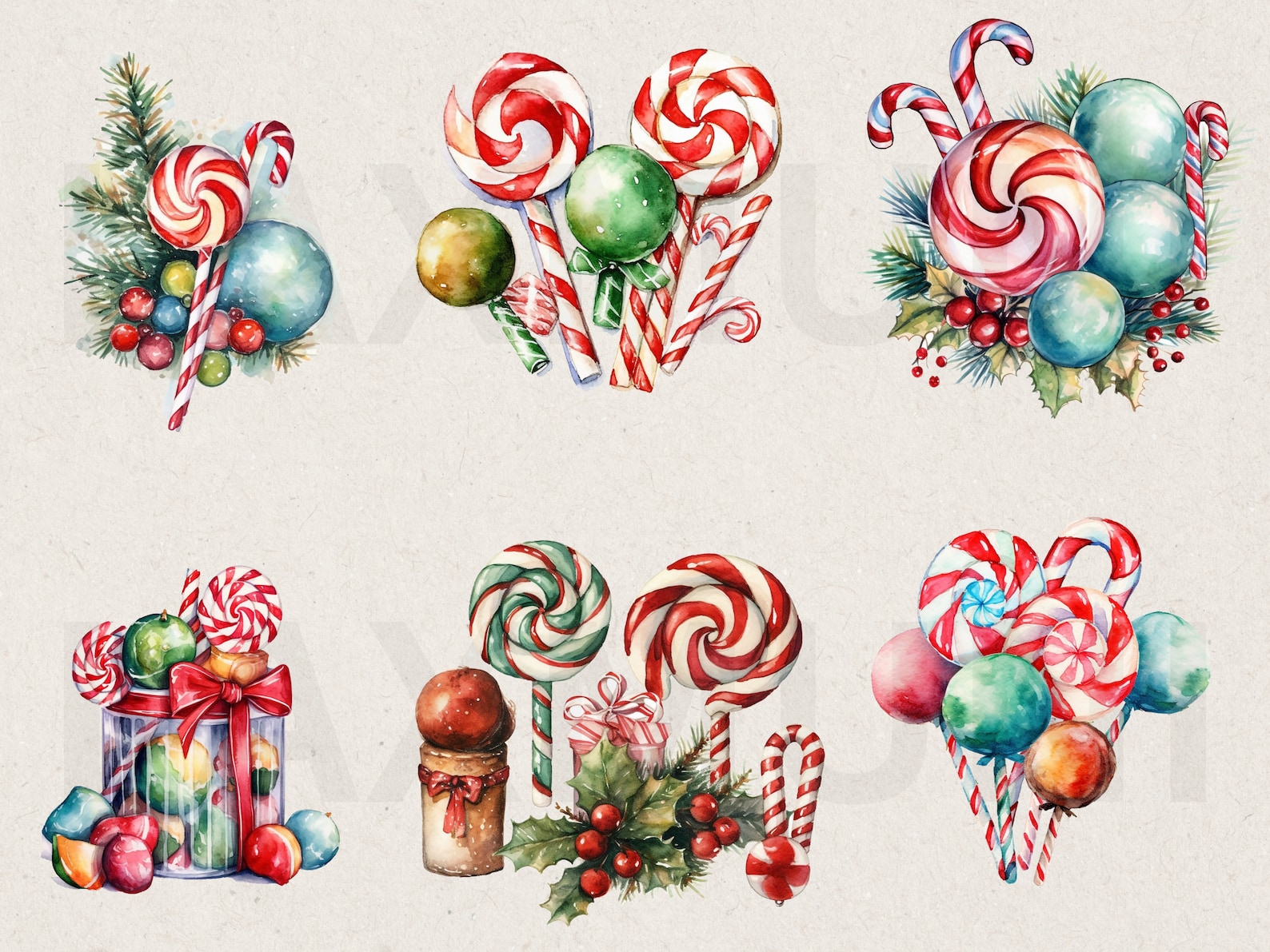 22 Christmas Clipart, Candies Clipart, Watercolor Clipart, Holiday ...