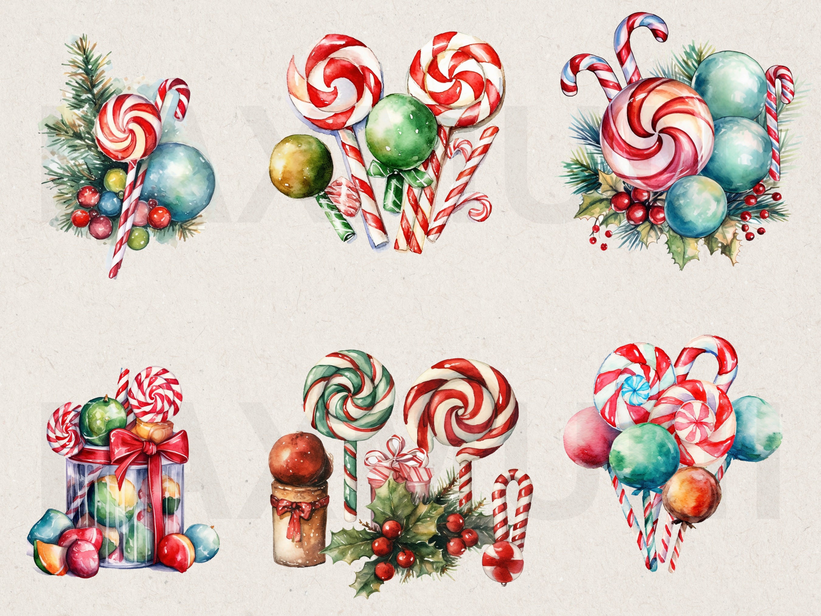 22 Christmas Clipart, Candies Clipart, Watercolor Clipart, Holiday ...