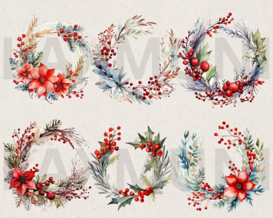 19 Christmas Wreaths Clipart, Wreath Clipart, Watercolor Clipart ...