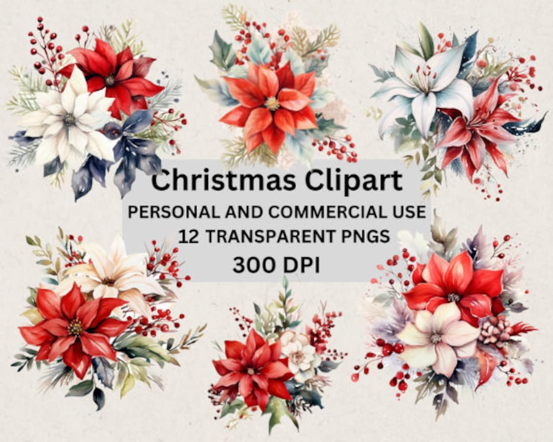 12 Christmas Flower Clipart, Flowers Clipart, Watercolor Clipart ...