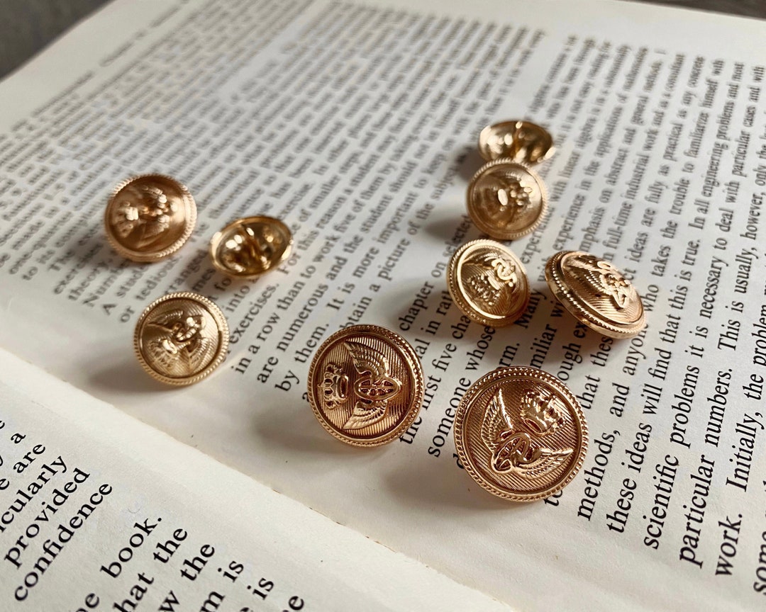 2x Crown Wings Gold Metal Shank Buttons, Military Style Golden Buttons ...