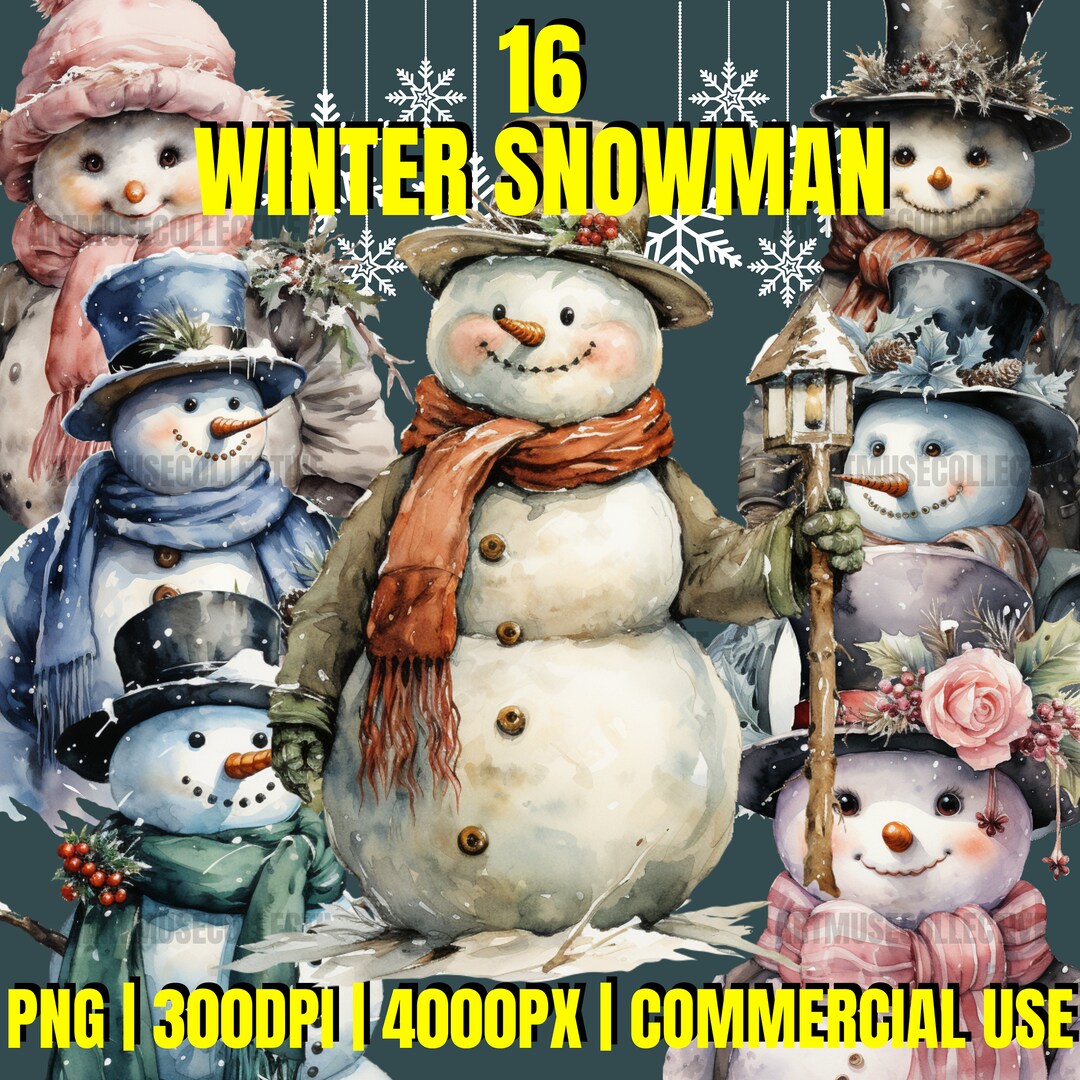Winter Snowman Watercolor Clipart Bundle 16 PNG, Free Commercial Use ...