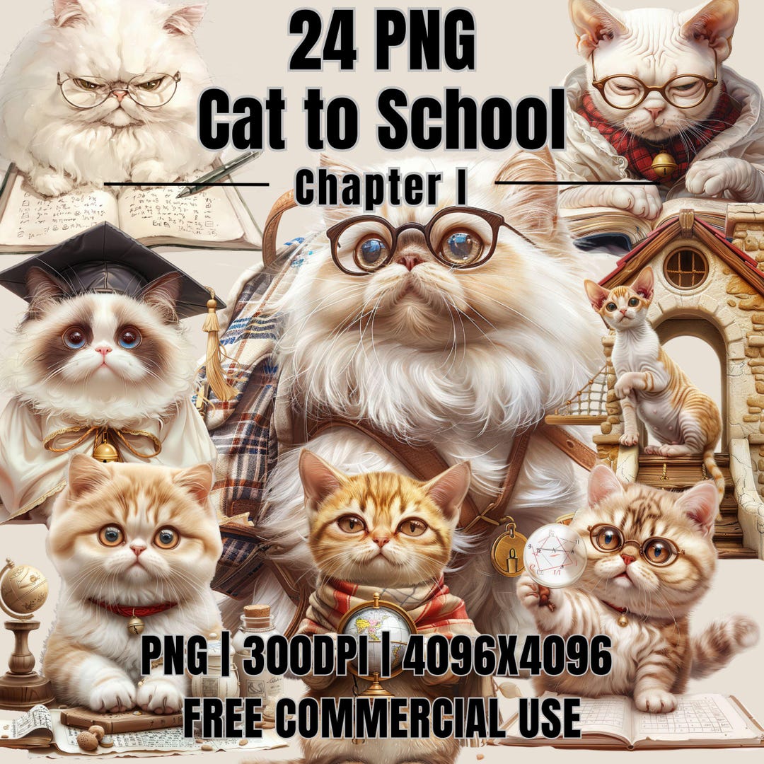 Cute Cat Student, Back to School Clipart, First Day of School PNG, Cat ...