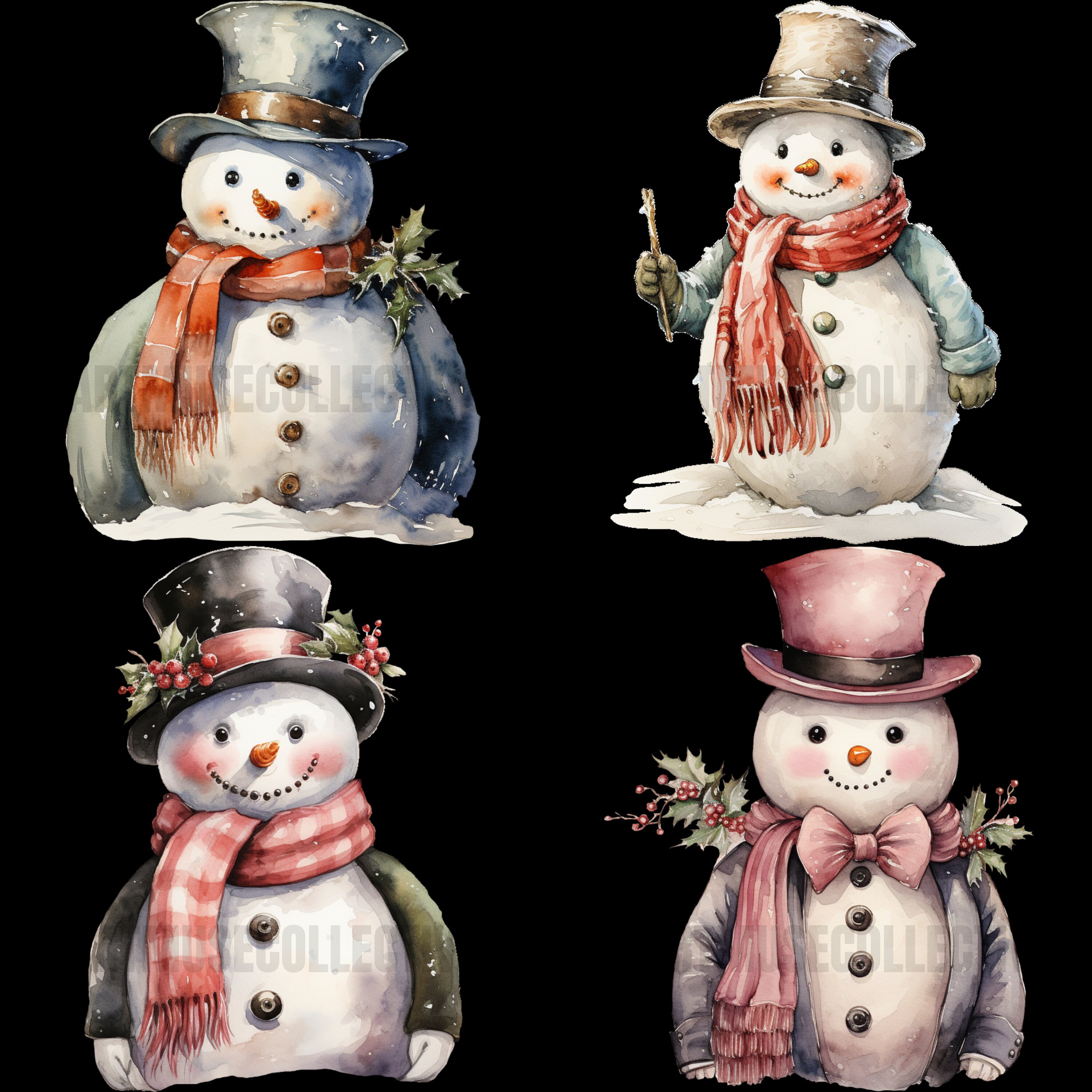 Winter Snowman Watercolor Clipart Bundle 16 PNG, Free Commercial Use ...