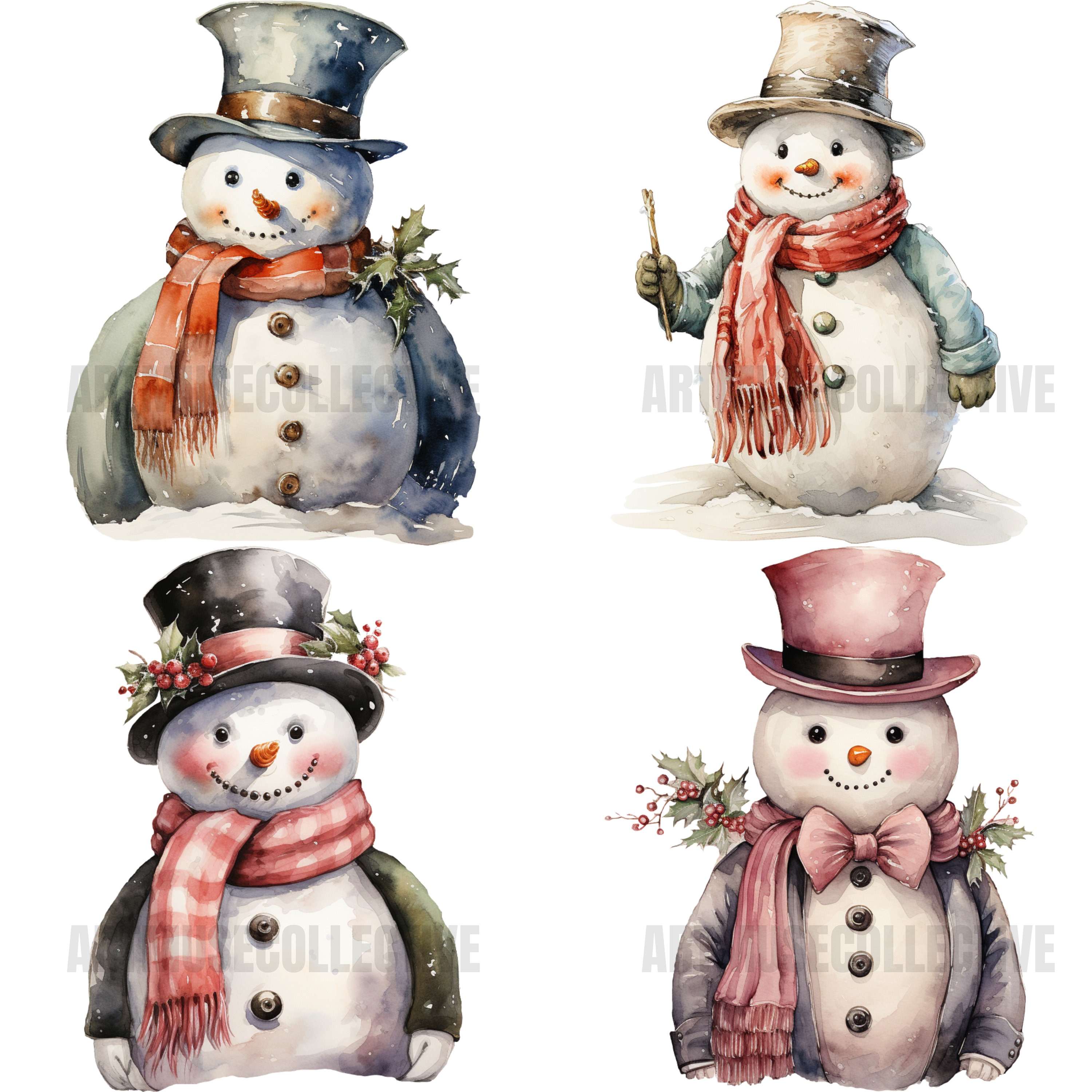 Winter Snowman Watercolor Clipart Bundle 16 PNG, Free Commercial Use ...