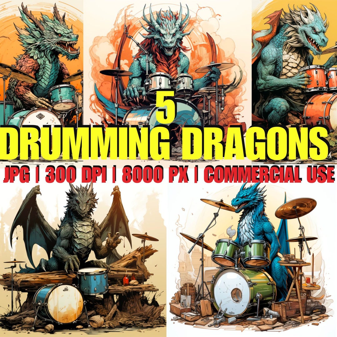 Drumming Dragon Wall Art Bundle 5 JPG, Free Commercial Use, Digital Art ...