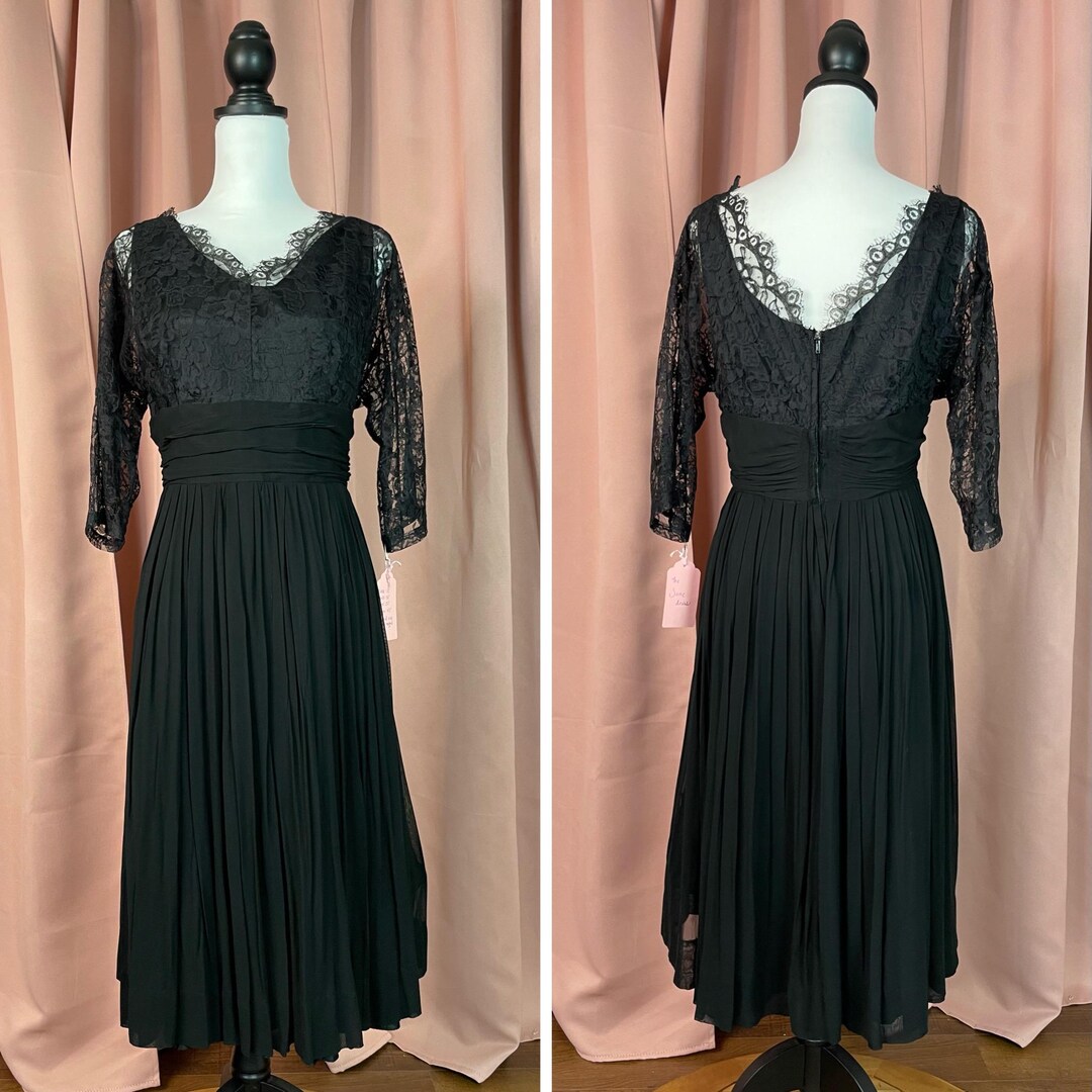 The JUNE Dress (size L): 1950s Black Chiffon & Lace Cocktail Dress - Etsy