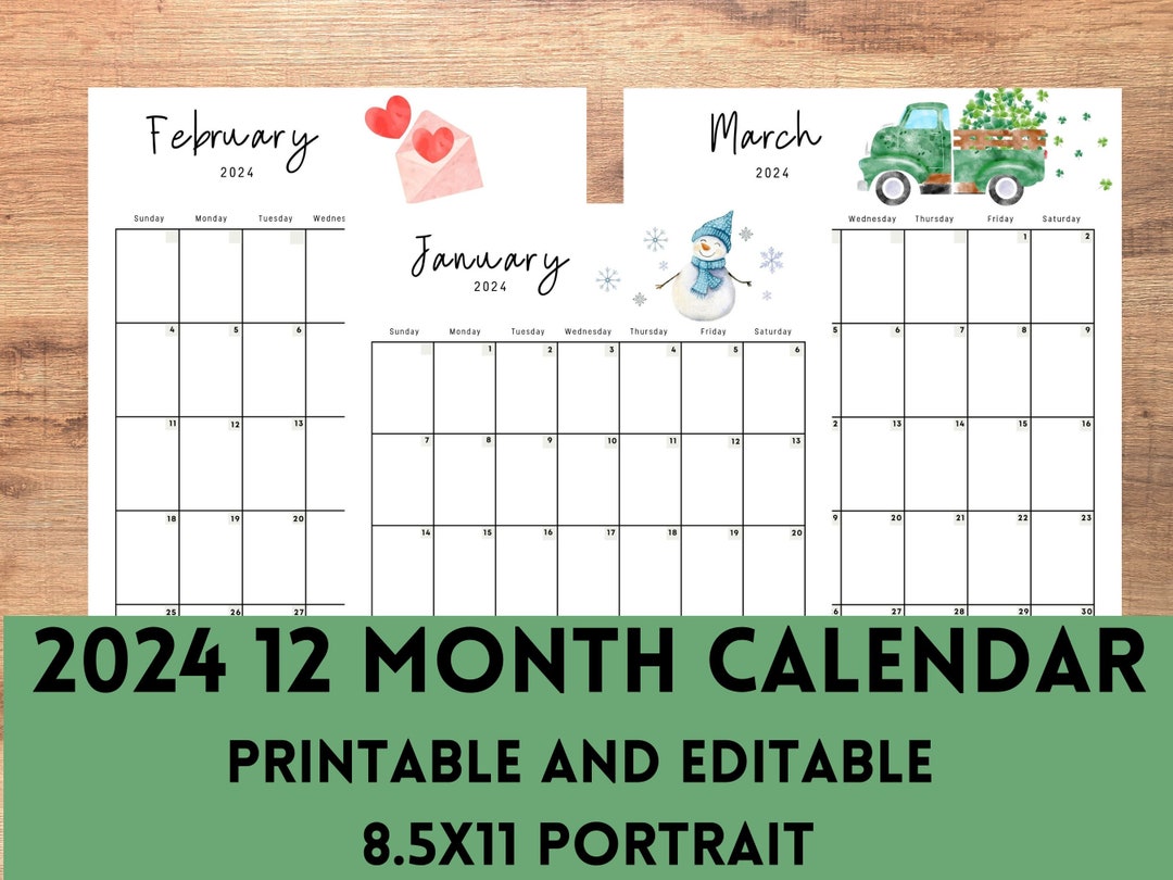 2024 Printable Calendar, Editable Calendar, Printable Calendar, 2024 ...