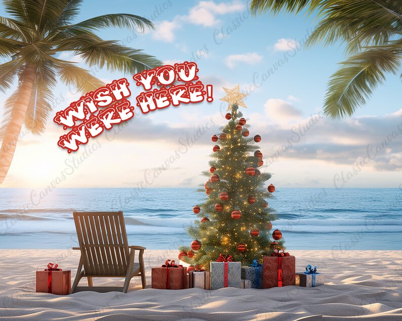 Christmas Beach Digital Backdrops, Decorated Palm Trees, Christmas ...