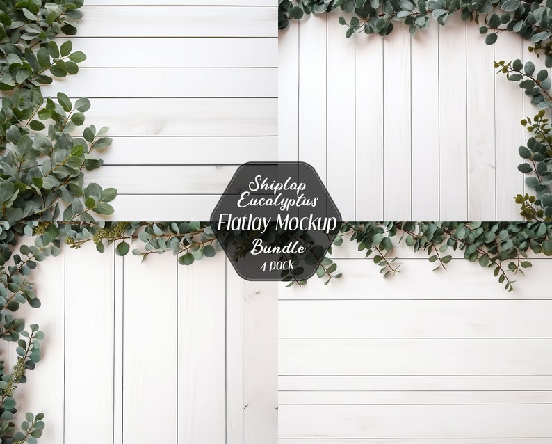Eucalyptus Flat Lay Mockup, White Shiplap, Stock Photo Product ...