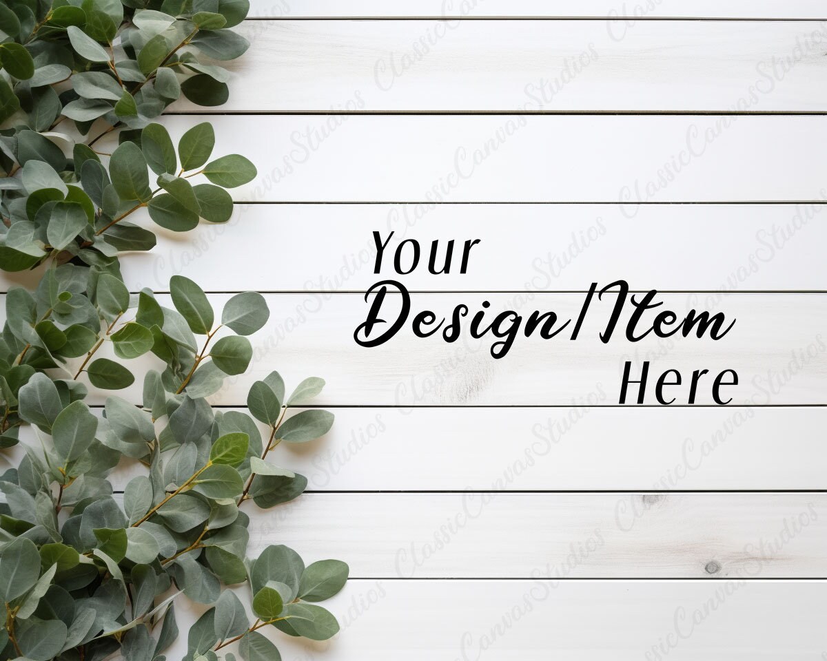 Eucalyptus Flat Lay Mockup, White Shiplap, Stock Photo Product ...