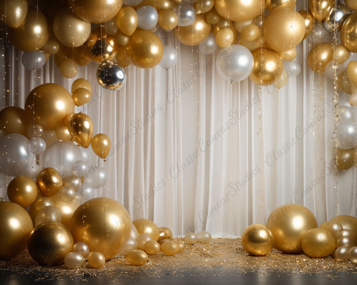 Gold Party Digital Backdrop, Balloons Digital Background, Studio ...