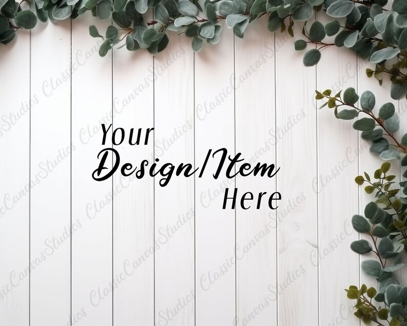 Eucalyptus Flat Lay Mockup, White Shiplap, Stock Photo Product ...