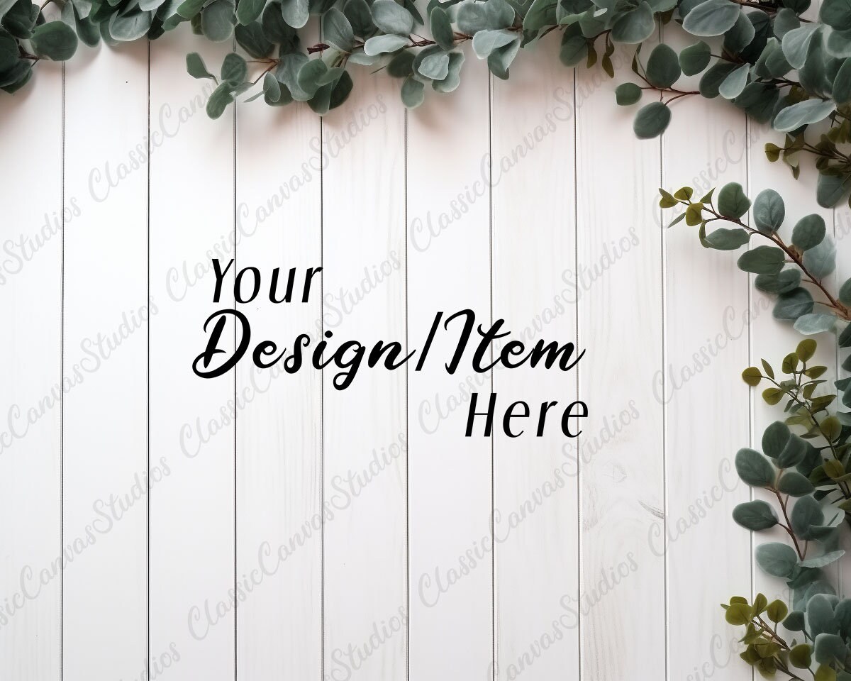 Eucalyptus Flat Lay Mockup, White Shiplap, Stock Photo Product ...