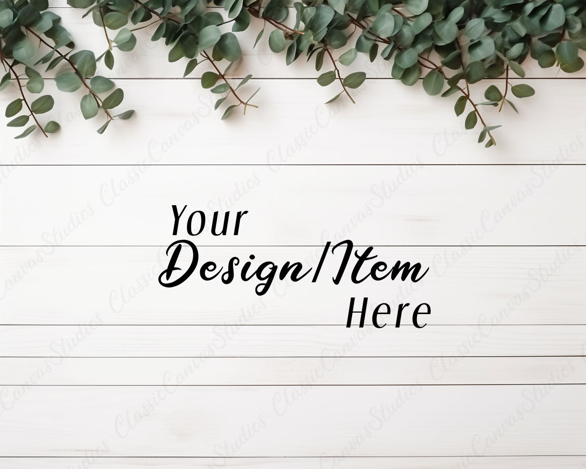 Eucalyptus Flat Lay Mockup, White Shiplap, Stock Photo Product ...