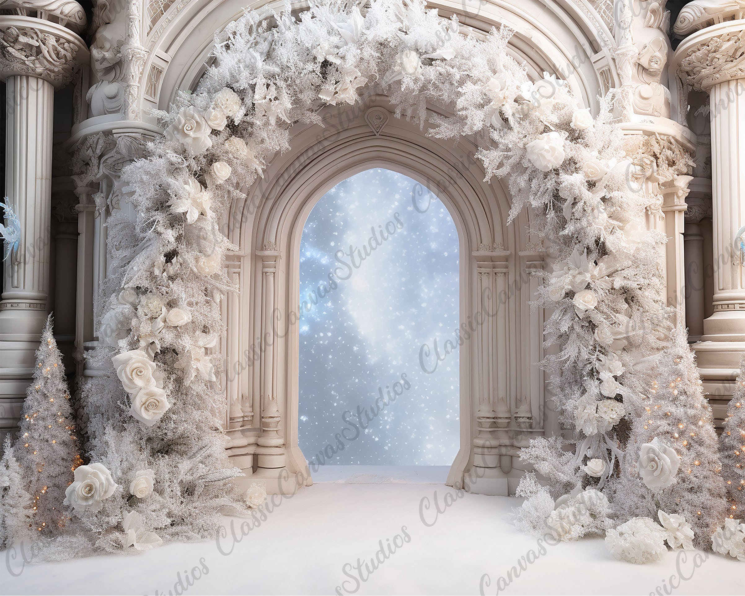 Winter Flower Arch Digital Background, Christmas Digital Backdrop ...