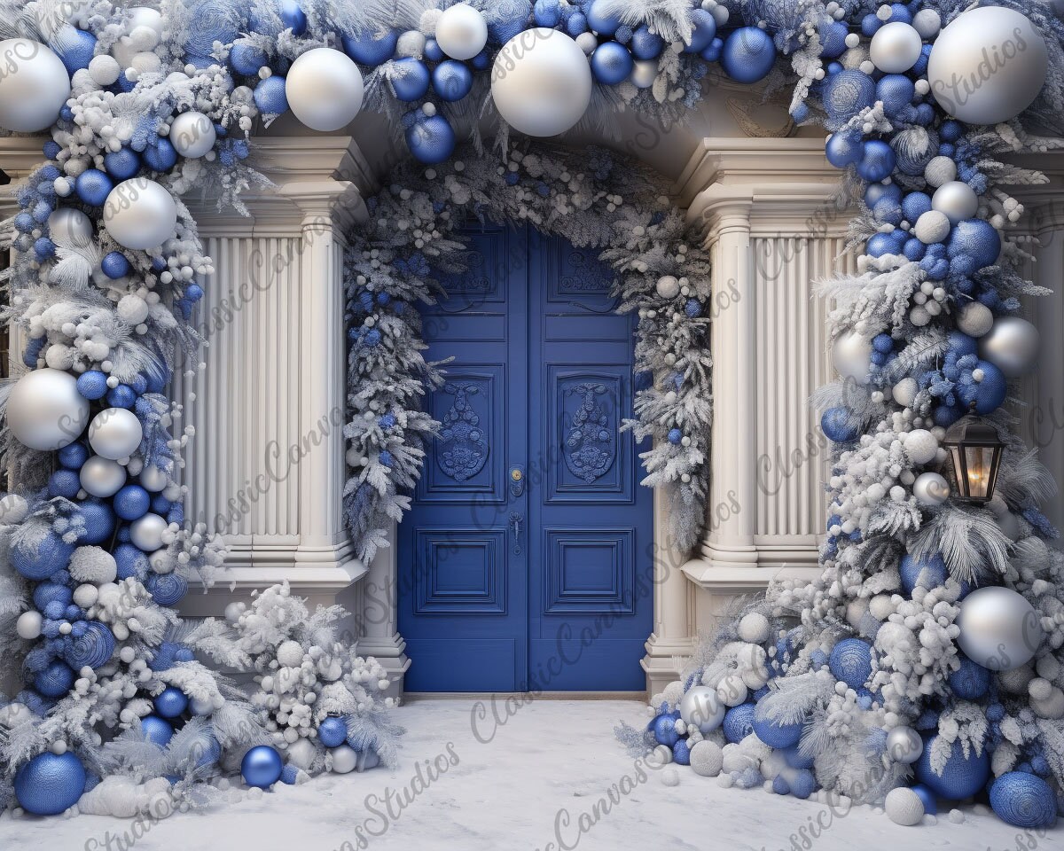 Christmas Arch Blue Doors Digital Backdrops, Studio Backdrops, Holiday ...