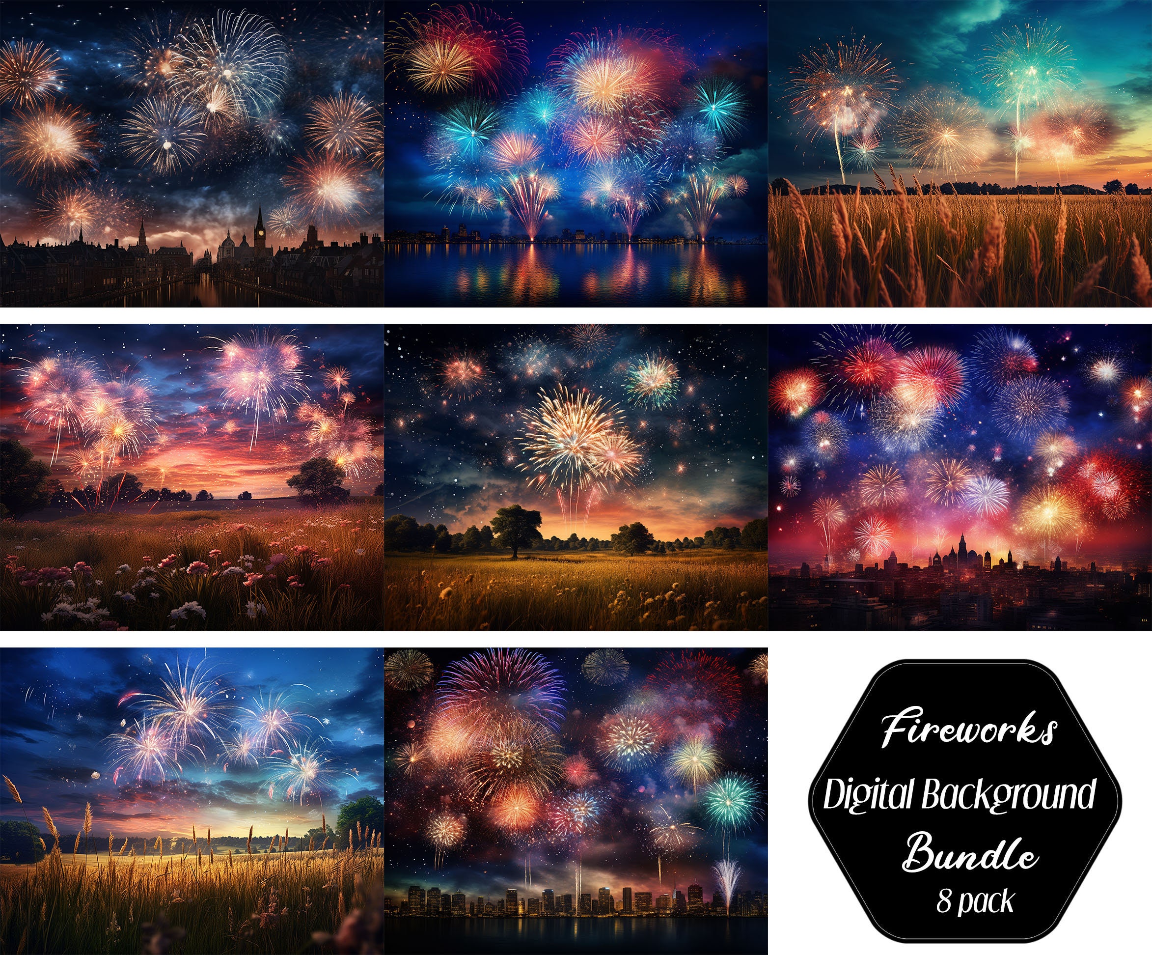 Fireworks Digital Background, Digital Backdrop Bundle, New Years Eve ...