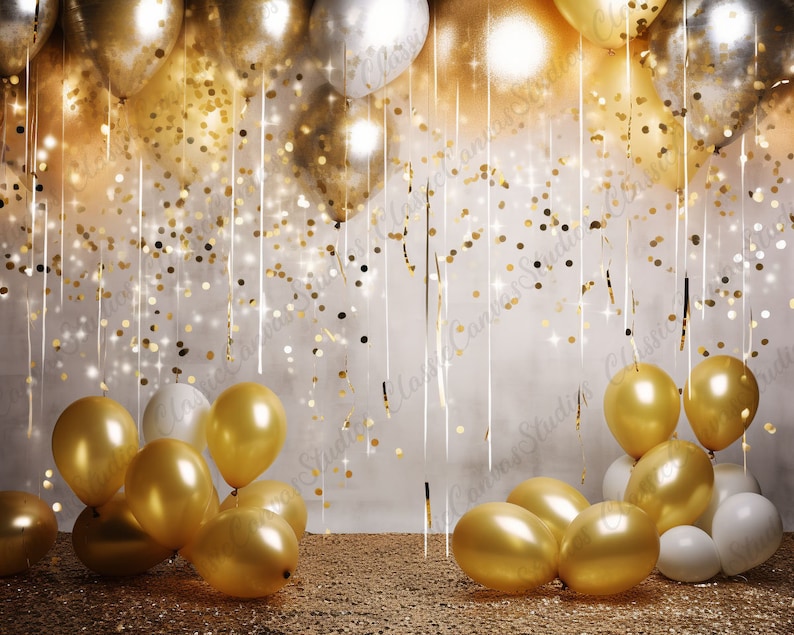 Gold Party Digital Backdrop, Balloons Digital Background, Studio ...