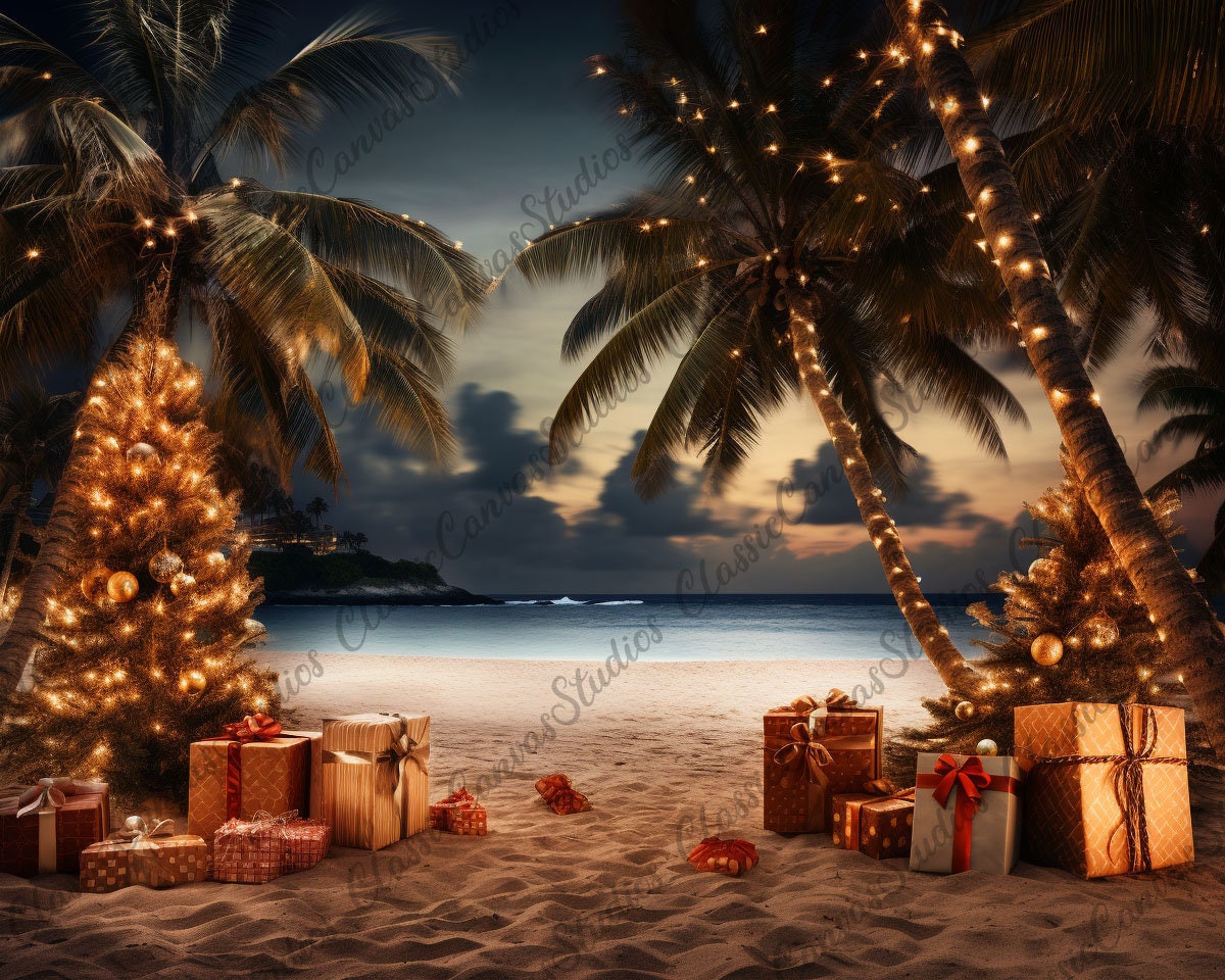 Christmas Beach Digital Backdrops, Decorated Palm Trees, Christmas ...