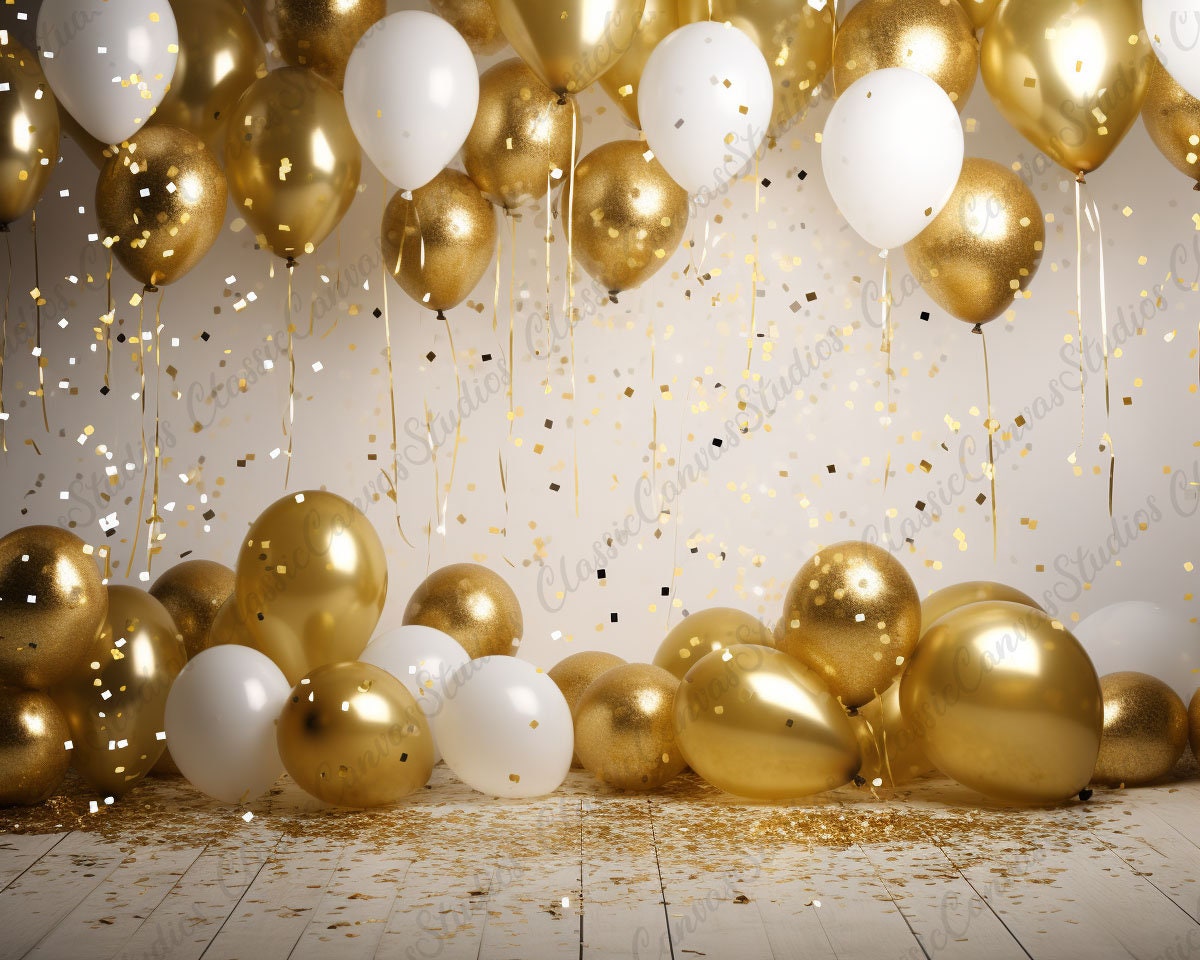 Gold Party Digital Backdrop, Balloons Digital Background, Studio ...