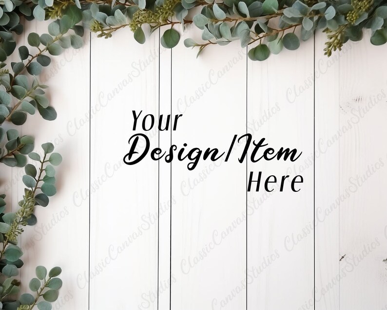 Eucalyptus Flat Lay Mockup, White Shiplap, Stock Photo Product ...