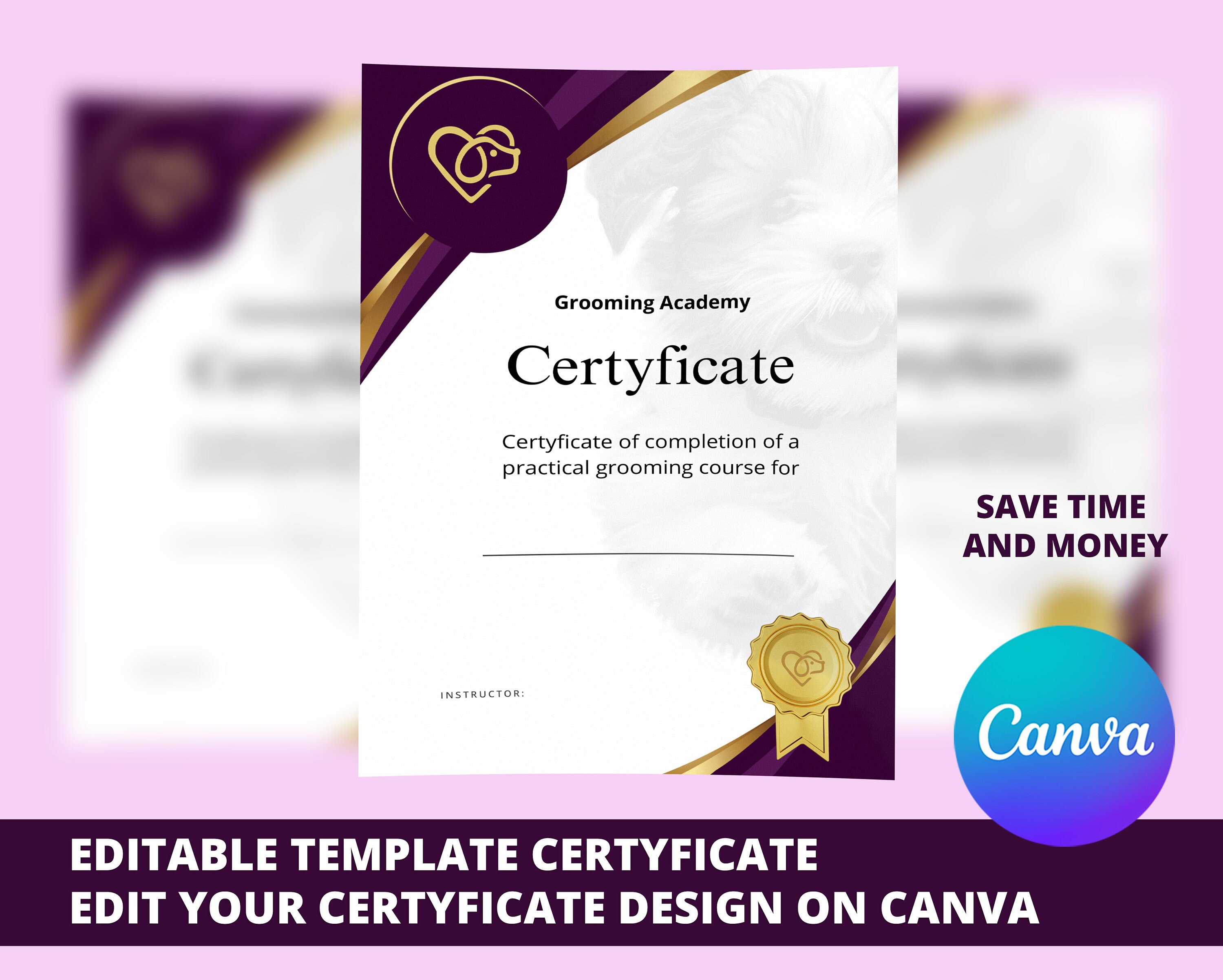Groom Certificate | Editable and Printable Dog Groomer Certificate ...