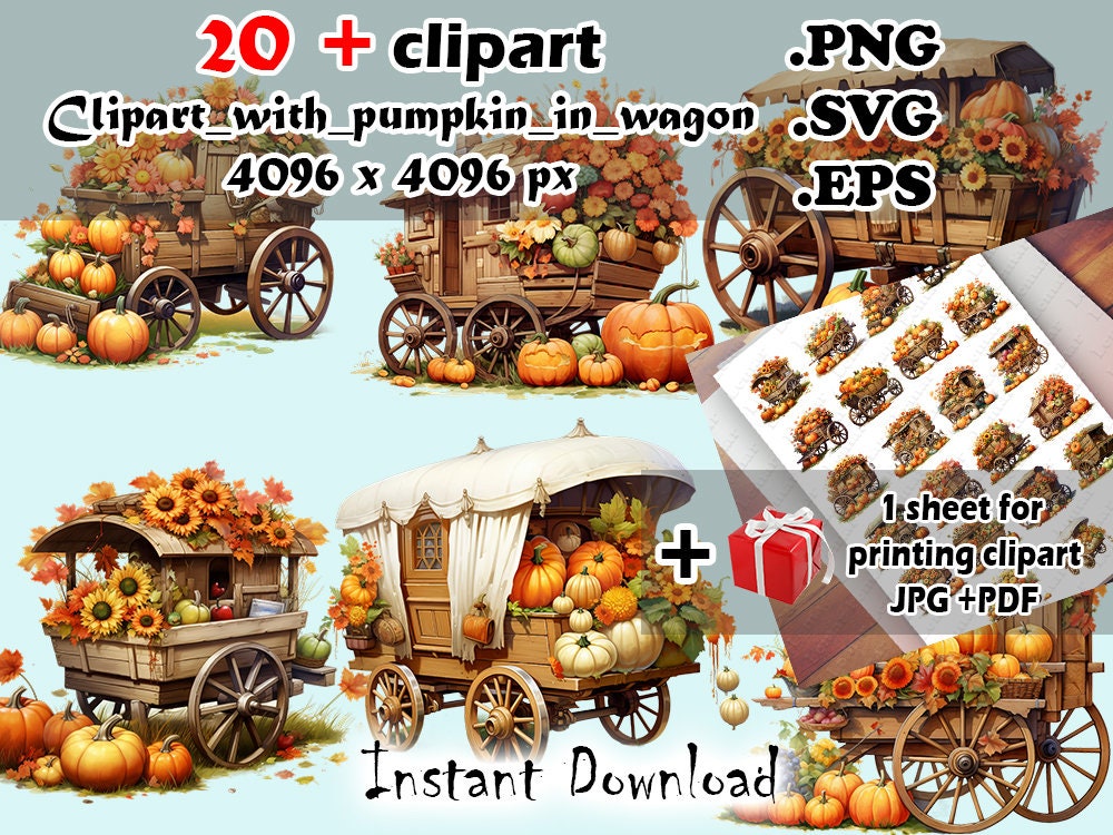 Watercolor Clipart Set clipart With Pumpkin in Wagon 20 Individual ...
