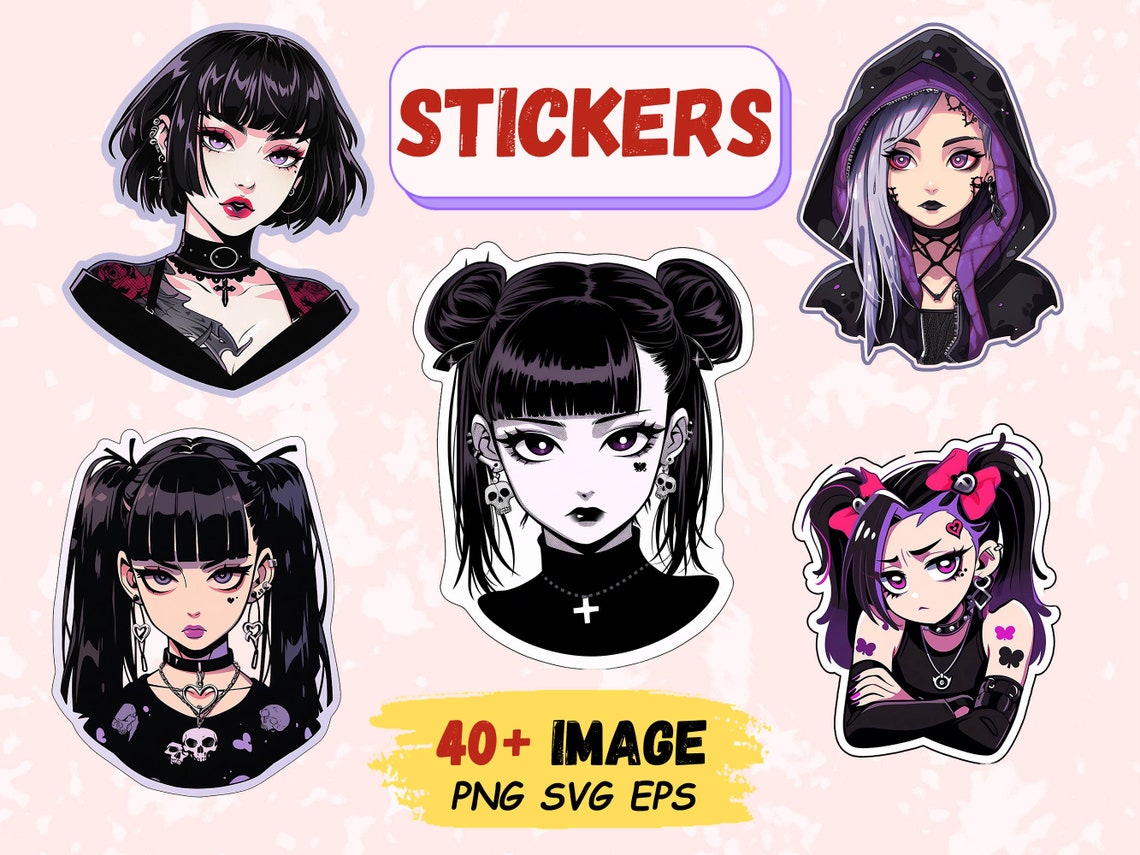 Anime Goth Girl Stickers, 40 PNG, SVG, EPS, Single Images on ...